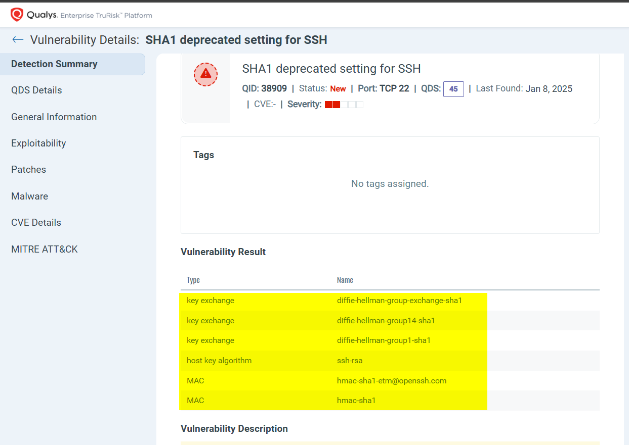 Detection Logic for QID 38909 (SHA1 Deprecated Setting for SSH)