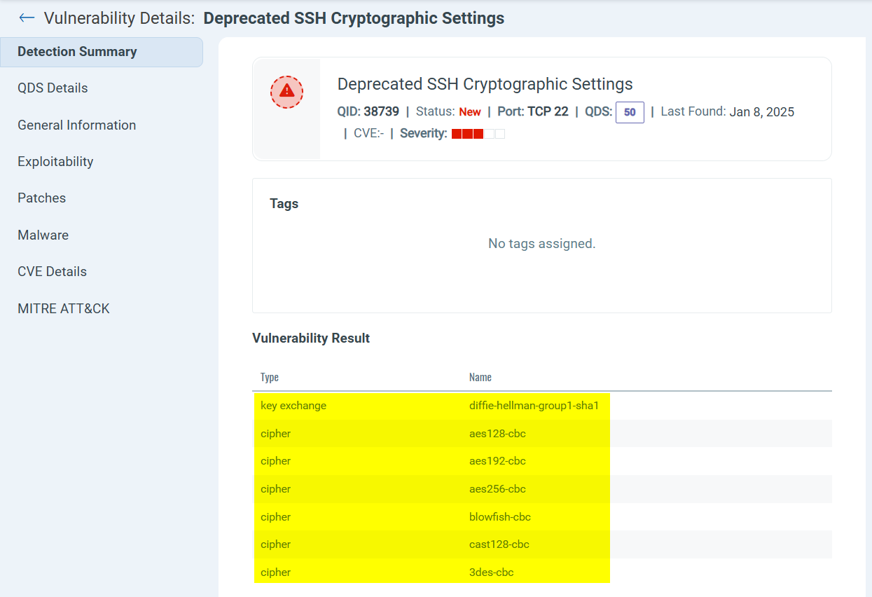 Detection of QID 38739 (Deprecated SSH Cryptographic Settings)